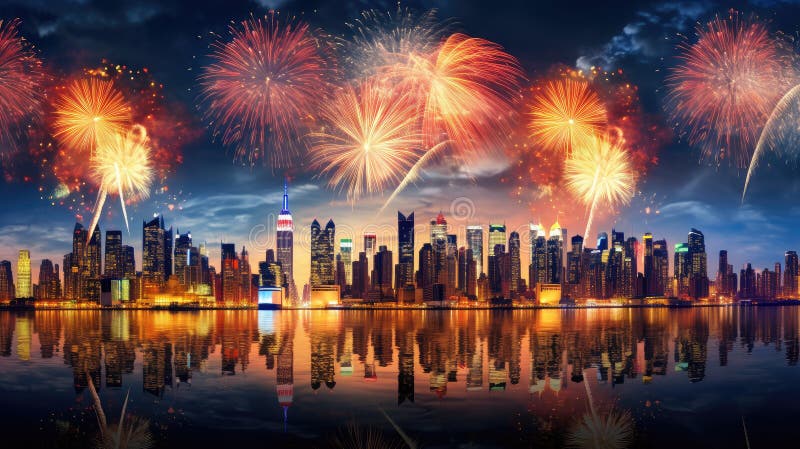 Spectacular Fireworks Display Over City Skyline at Dusk. Generative AI ...