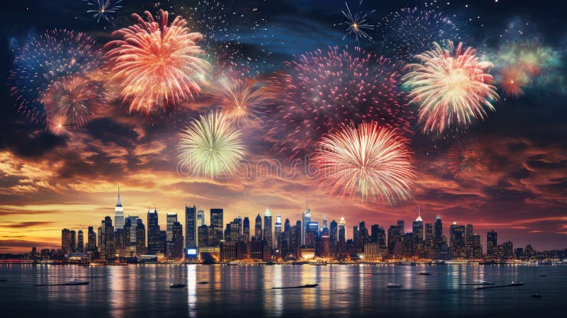 Spectacular Fireworks Display Over City Skyline at Dusk. Generative AI ...