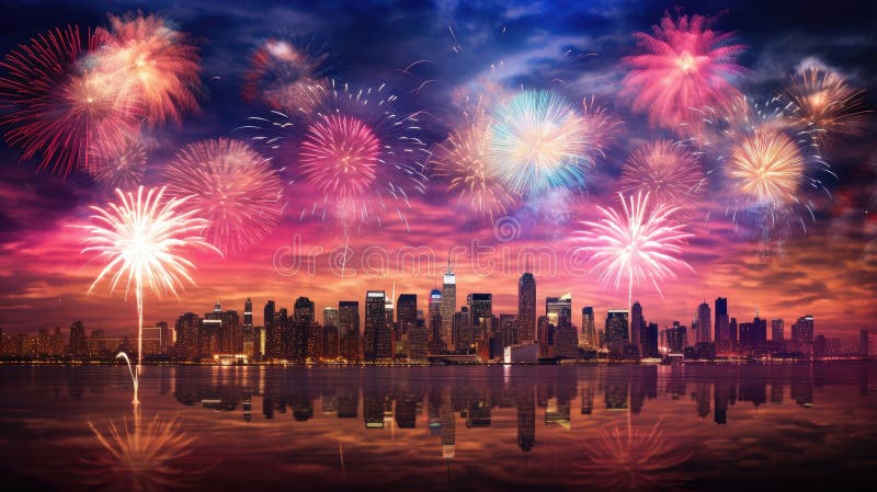 Spectacular Fireworks Display Over City Skyline at Dusk. Generative AI ...
