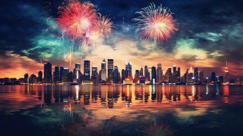 Spectacular Fireworks Display Over City Skyline at Dusk. Generative AI ...