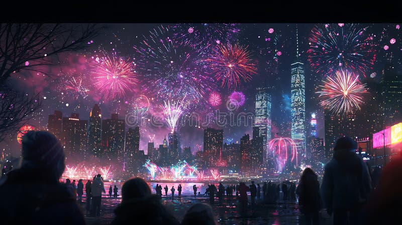 Spectacular Fireworks Display Over a City Skyline at Night Stock ...