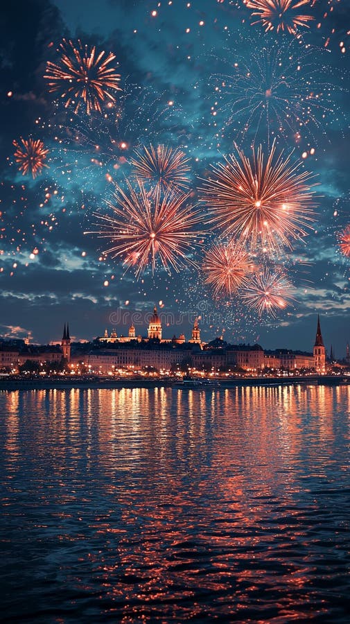 Spectacular Fireworks Display Over Cityscape at Night Reflecting on ...