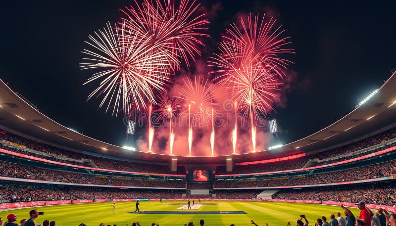 Spectacular Fireworks Display Over a Cricket Stadium Stock Illustration ...