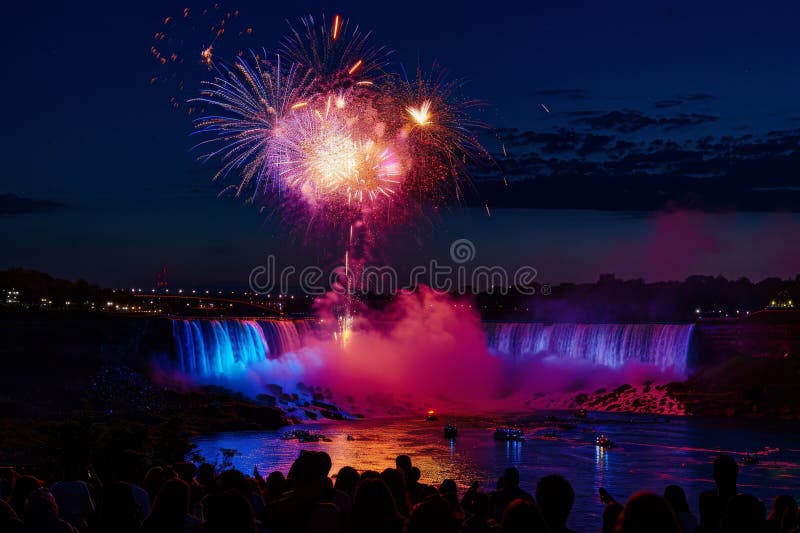 Spectacular Fireworks Display Over Illuminated Waterfall with ...