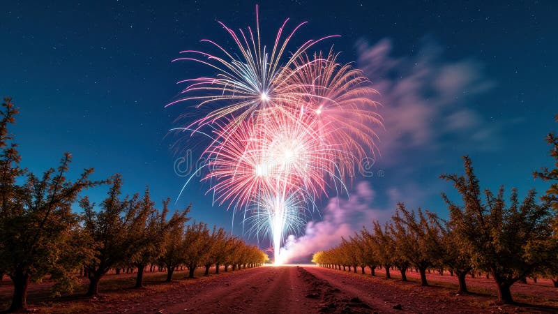 Spectacular Fireworks Display Over Orchard at Night Stock Photo - Image ...