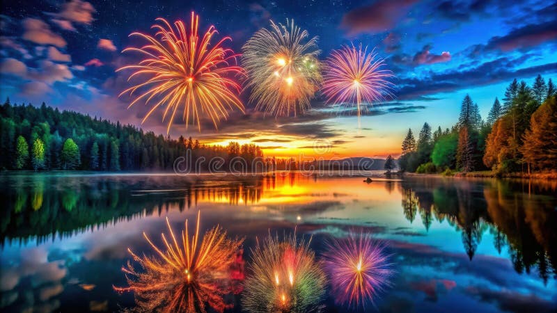 Spectacular Fireworks Display Over Serene Lake at Sunset. Generative AI ...