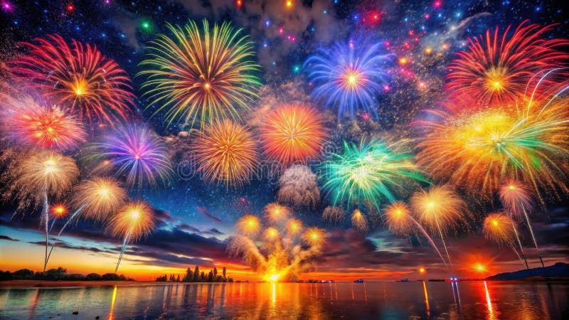 Spectacular Fireworks Display Over Serene Waters at Sunset. Generative ...