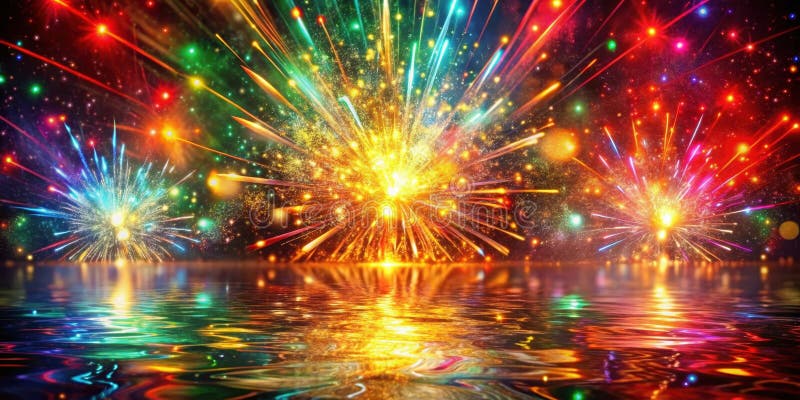 Spectacular Fireworks Display Reflected in Water at Night. Generative ...