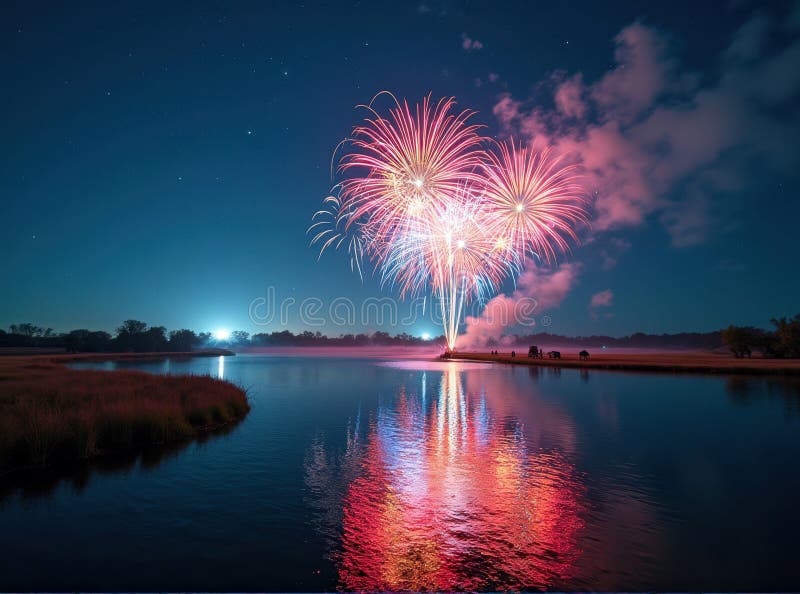 Spectacular Fireworks Display Reflecting on Tranquil Lake at Night ...