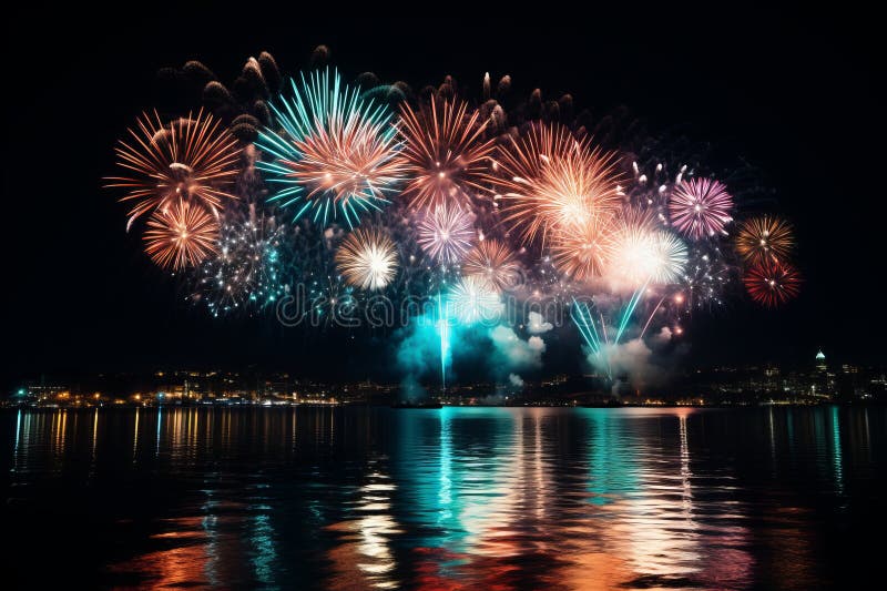 A Spectacular Fireworks Display by the Seaside Reflecting in the Water ...