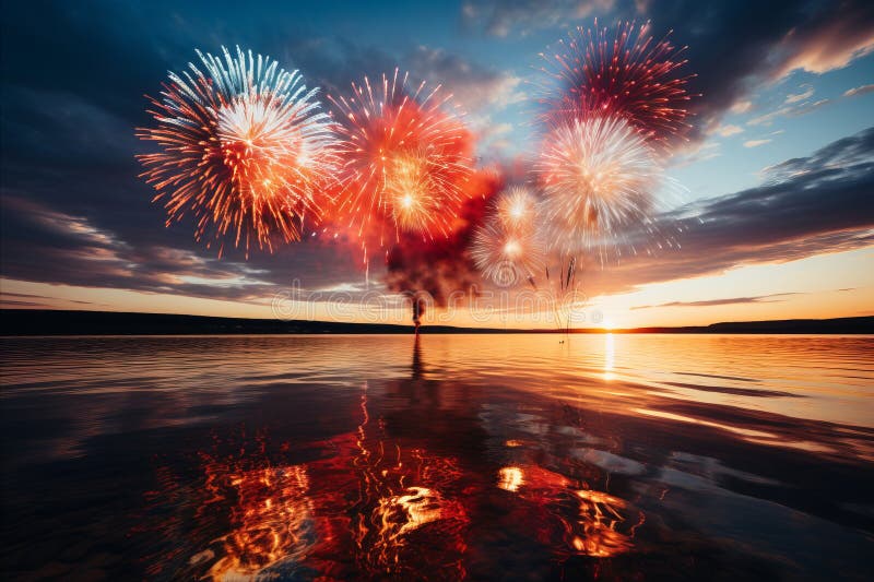 A Spectacular Fireworks Display by the Seaside Reflecting in the Water ...