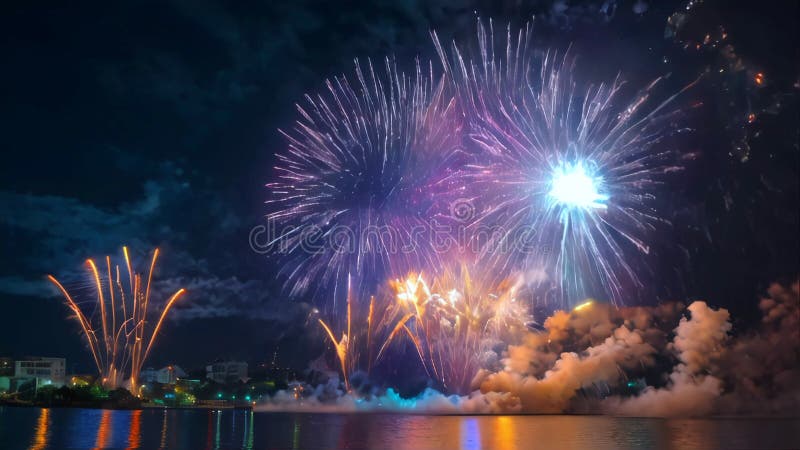 Spectacular Fireworks Exploding Over City Waterfront at Night Stock ...