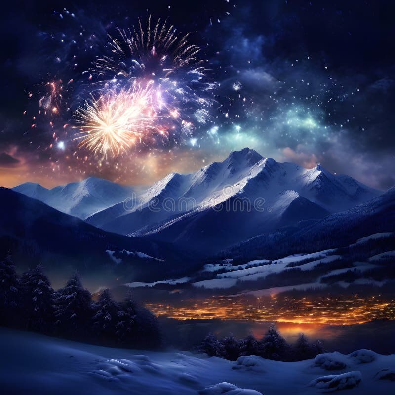 Spectacular Fireworks Lighting Up the Snow-Capped Mountains at Midnight ...