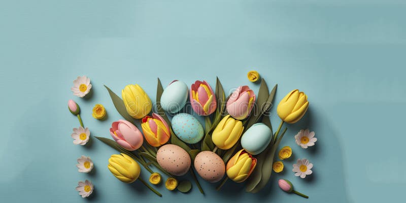 Top View Photo of Colorful Easter Eggs and Bunches of Multicolor Tulips ...
