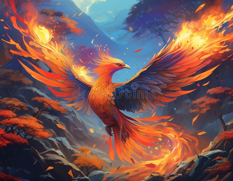 Magic Phoenix with Fire All Around Him Stock Illustration ...