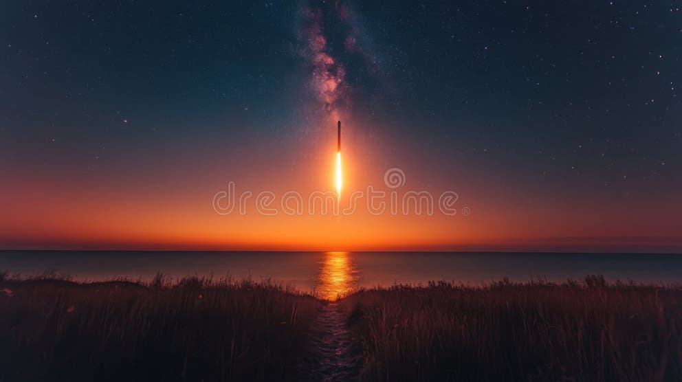 Spectacular Launch of a Rocket into the Night Sky Over the Ocean ...