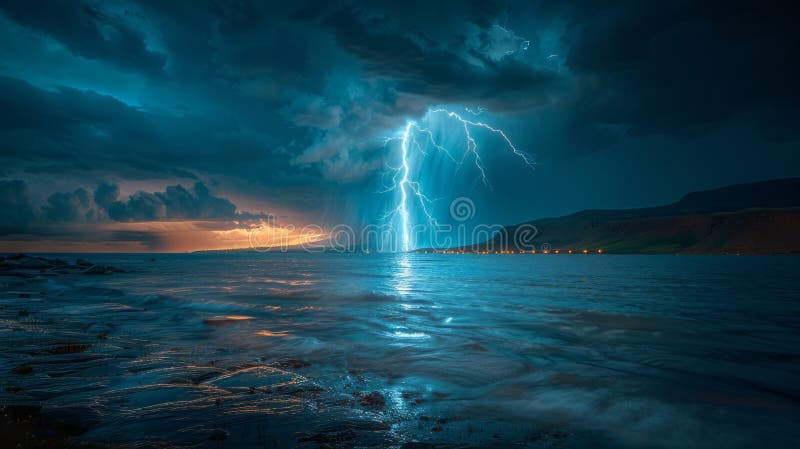 Spectacular Lightning Bolt Illuminating the Ocean at Sunset, Creating a ...