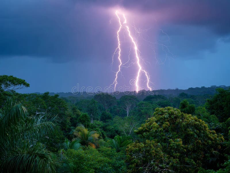 Spectacular Lightning Bolt Illuminating Tropical Forest at Dusk Stock ...