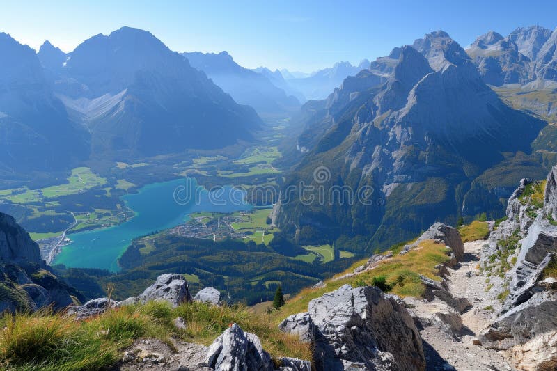 Spectacular Mountain Summit View with Clear Sky, Lush Greenery, and ...