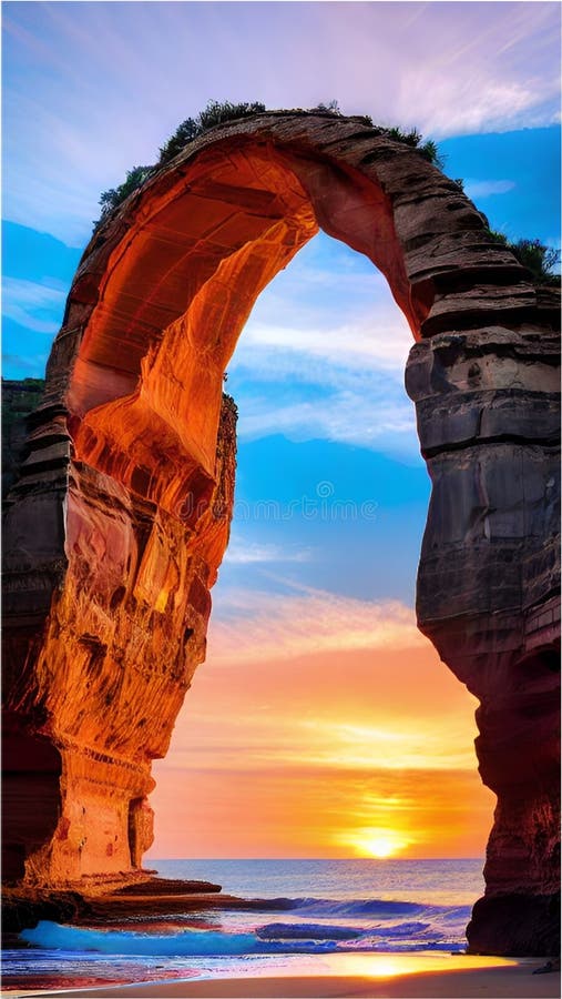 Spectacular Natural Arch Formation at Sunset Illustration Artificial ...