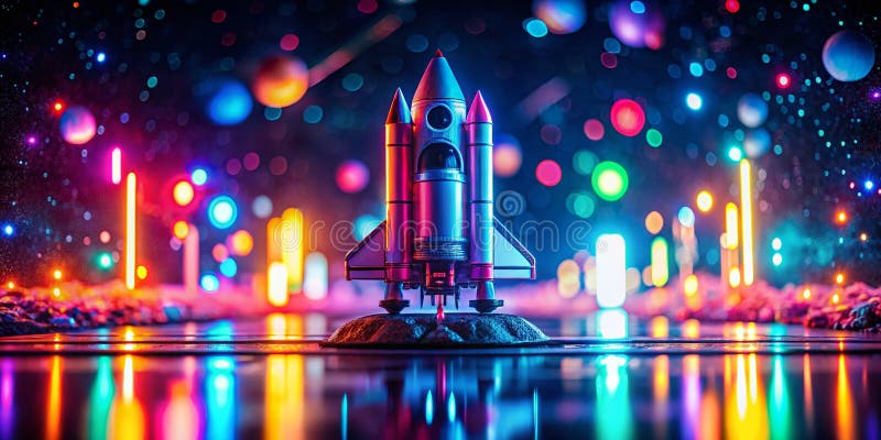 Spectacular Neon Rocket Spaceship Mockup Vibrant Space Background for ...