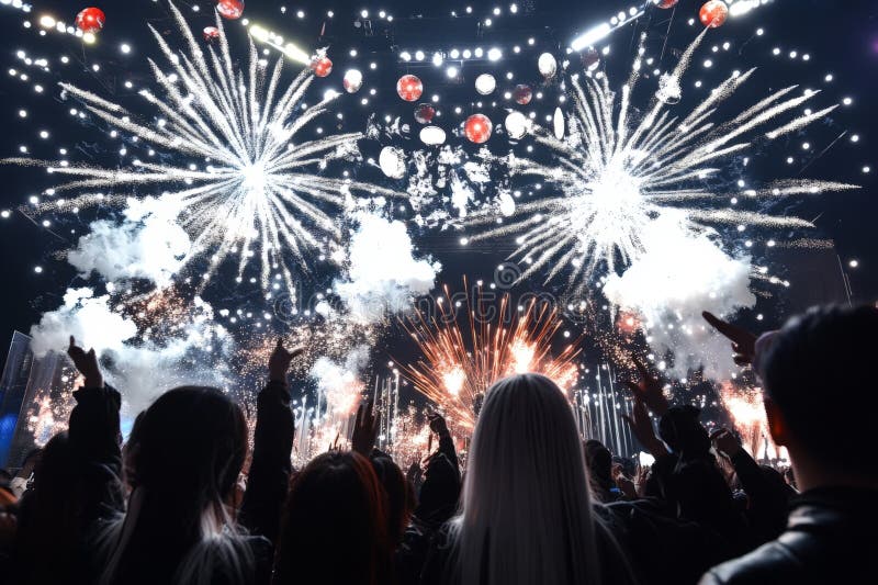 Spectacular New Year Party with Fireworks and Celebrations Stock Photo ...