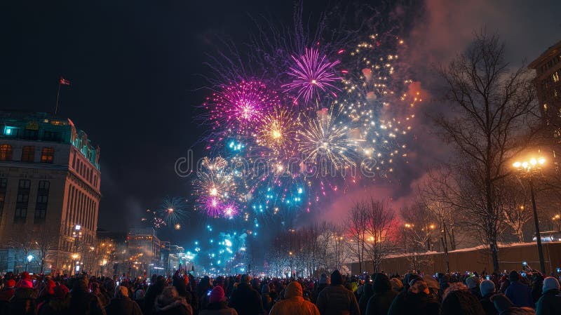 Spectacular Night Fireworks Celebration Lighting Up City Crowd Stock ...