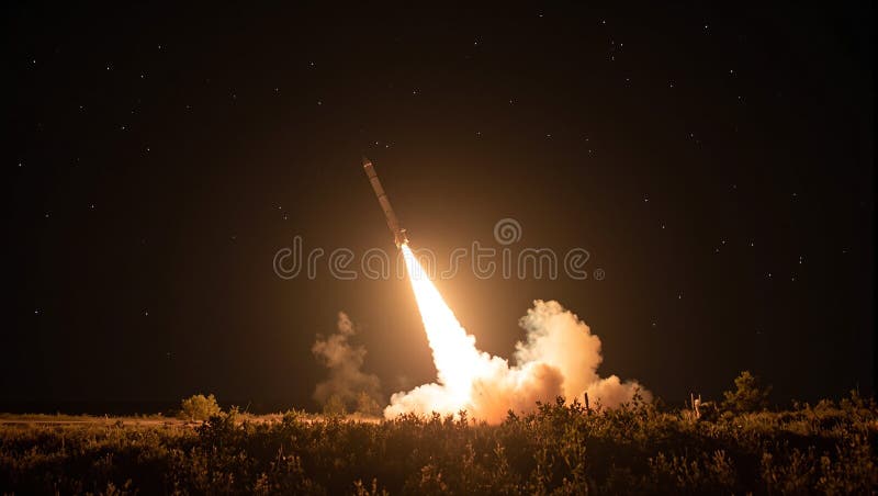 Spectacular Night Missile Launch with Fiery Tail and Starry Sky Backdrop Creating an Intense ...