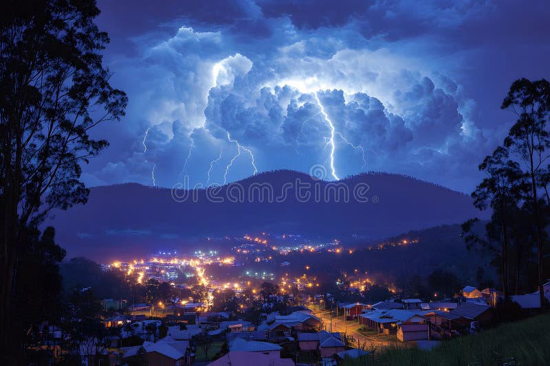 Dramatic Thunderstorm Illuminating Night Sky Over Town with Striking ...