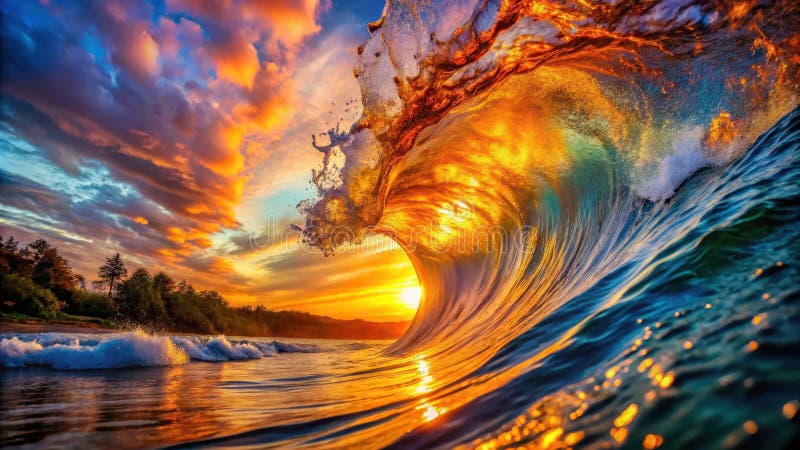 Spectacular Ocean Wave at Sunset, Vibrant Colors and Dramatic Sky. Generative AI Stock ...