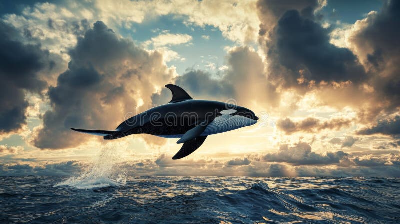 Spectacular Orca Leaping at Sunset Over the Ocean Waves, Dramatic ...