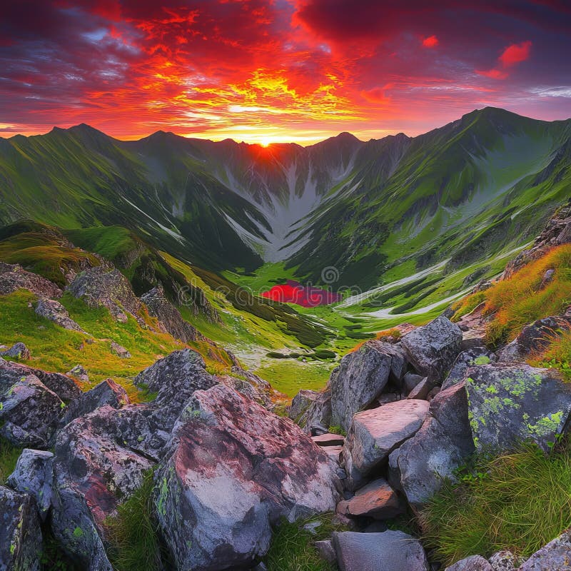Spectacular Panoramic Scene of a Mountain Range during Sunset Stock ...