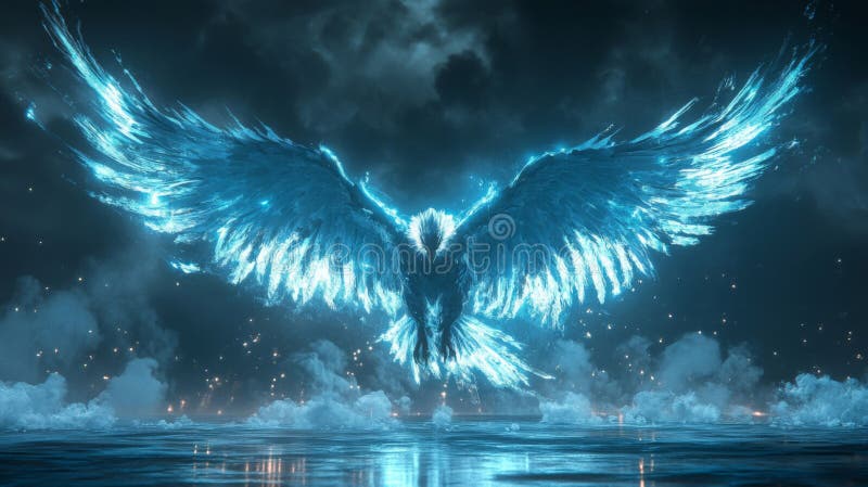 Spectacular Phoenix Spreading Its Wings with Blue Fiery Texture in a ...