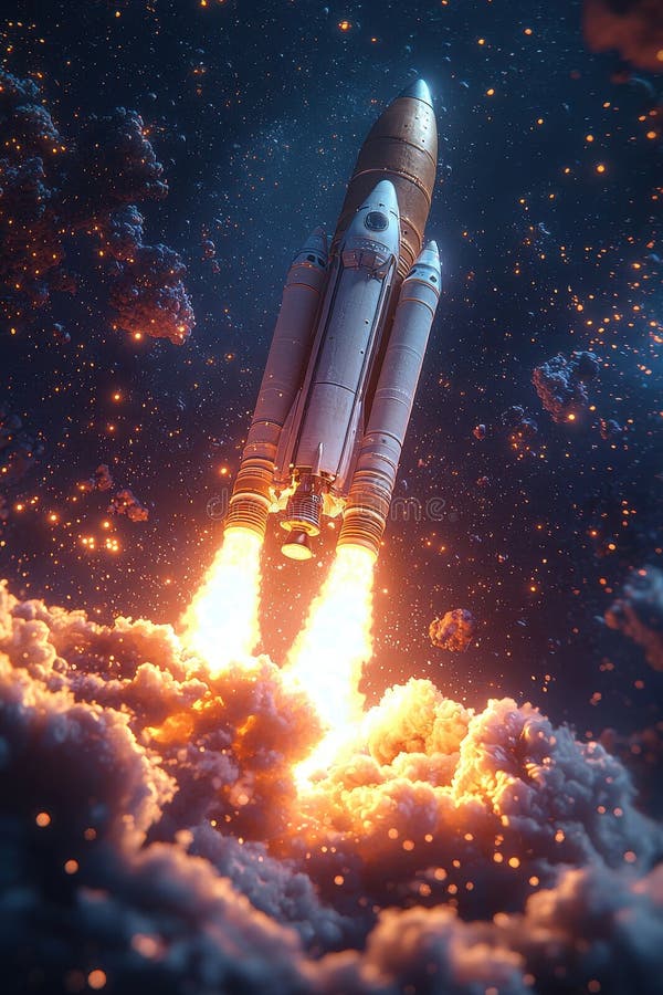 Spectacular Rocket Launch Amidst Glowing Clouds and Starry Night Sky ...