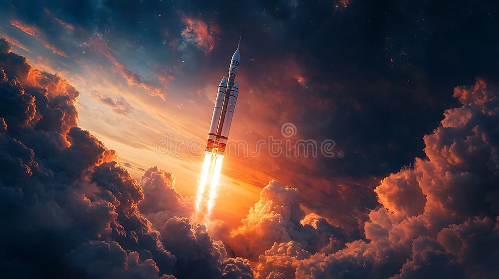 Spectacular Rocket Launch through Dramatic Clouds Amidst Fiery Sky ...