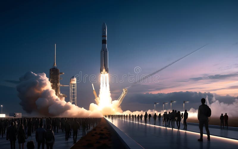 Spectacular Rocket Launch at Dusk with Crowd Watching - Futuristic ...