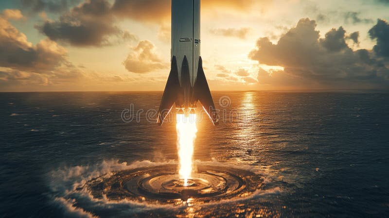 Spectacular Rocket Launch at Sunrise Over the Ocean Stock Illustration ...