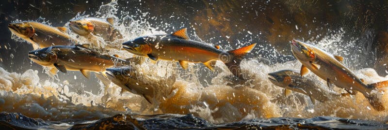 Spectacular Salmon Run Thousands Leaping Upstream in Ultra Wide Angle Scene with Strobe Light ...