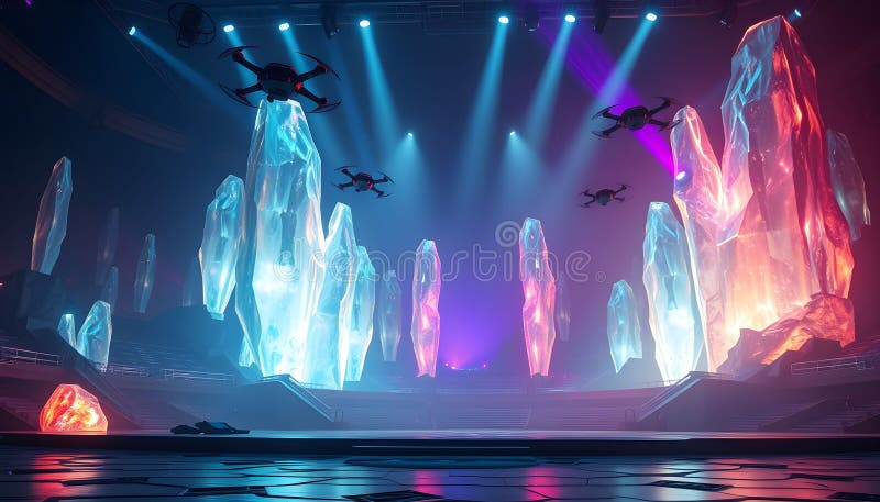 Spectacular Stage with Crystalline Structures and Flying Drones Stock ...