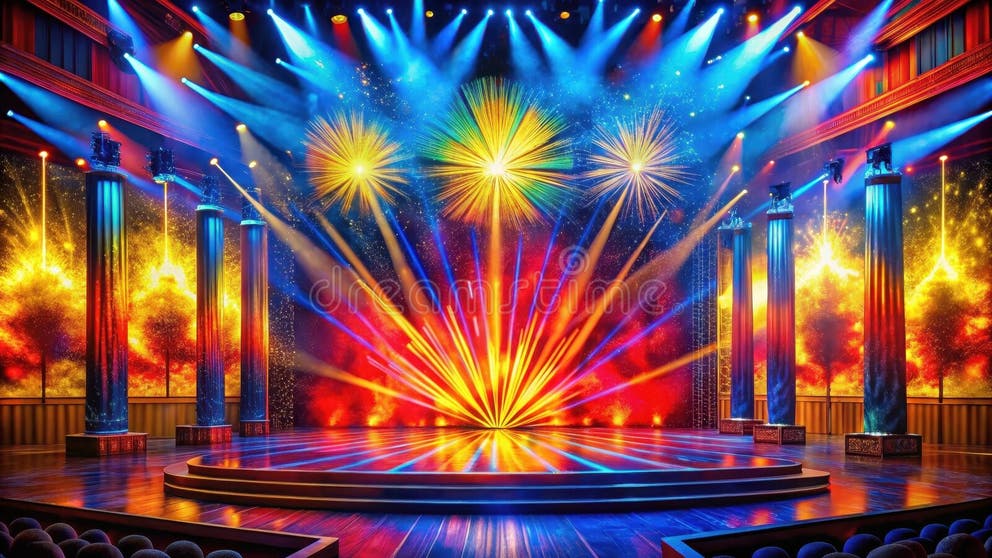 Spectacular Stage Design with Illuminated Columns and Festive Burst ...