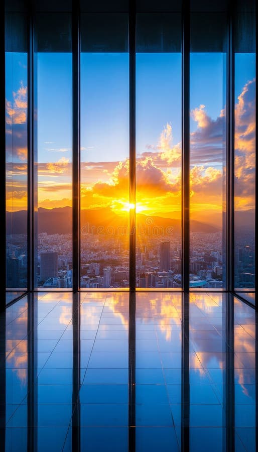 Spectacular Sunrise Over Cityscape through Skyscraper Windows, Vibrant Architectural View Stock ...