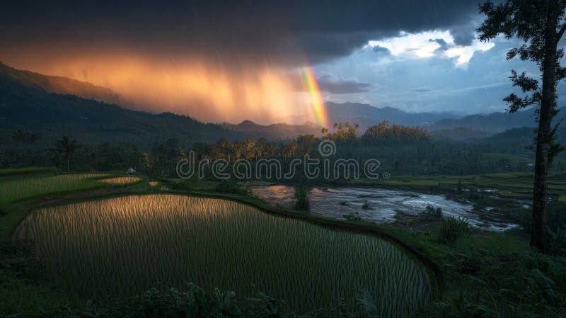 A Spectacular Sunset with a Double Rainbow Arching Over an Emerald ...