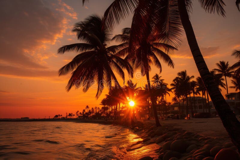 A Spectacular Sunset Envelops the Palms, Relaxing Summer Scene Stock ...