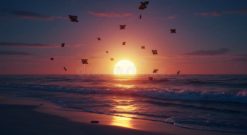 Spectacular Sunset Over Ocean Beach with Falling Pixelated Objects ...