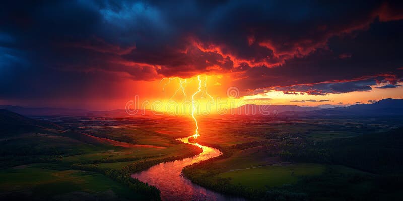 Spectacular Sunset Over a River with Striking Lightning and Dramatic ...