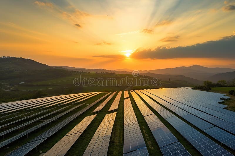 Spectacular Sunset Showcase: Aerial View of Solar Panels Array in the ...