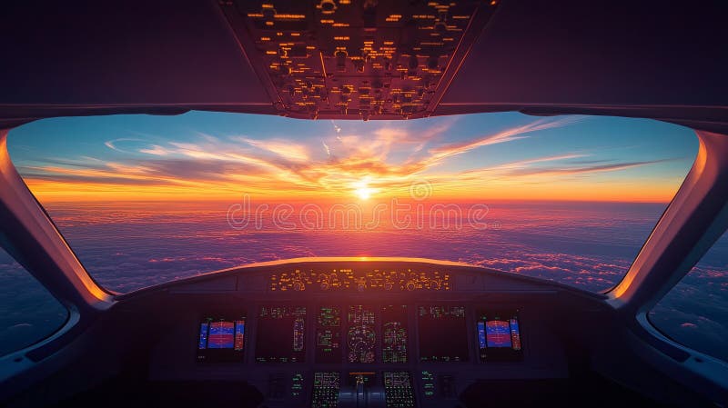 Sunset from the cockpit. stock photo. Image of clouds - 146744500