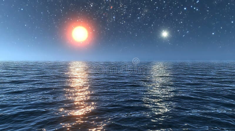 Spectacular Twilight Over a Vivid Ocean, with a Starry Sky and Glowing ...