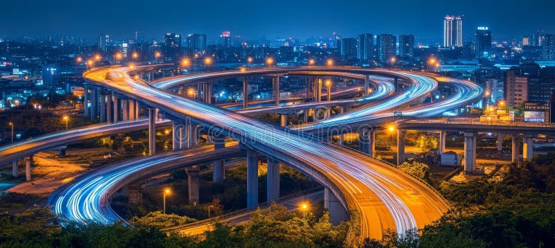Spectacular Urban Highway Interchange with Light Trails at Night ...
