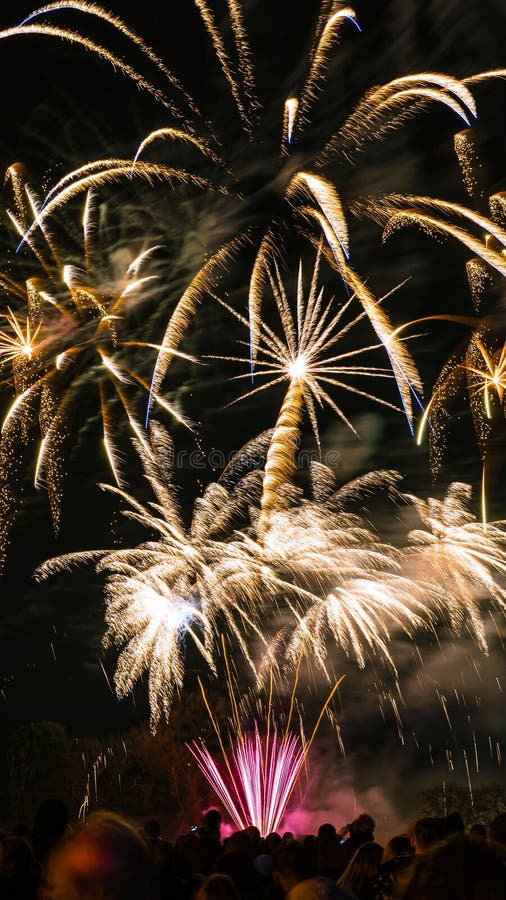 Spectacular Vertical View of a Crowd Watching Beautiful Fireworks ...
